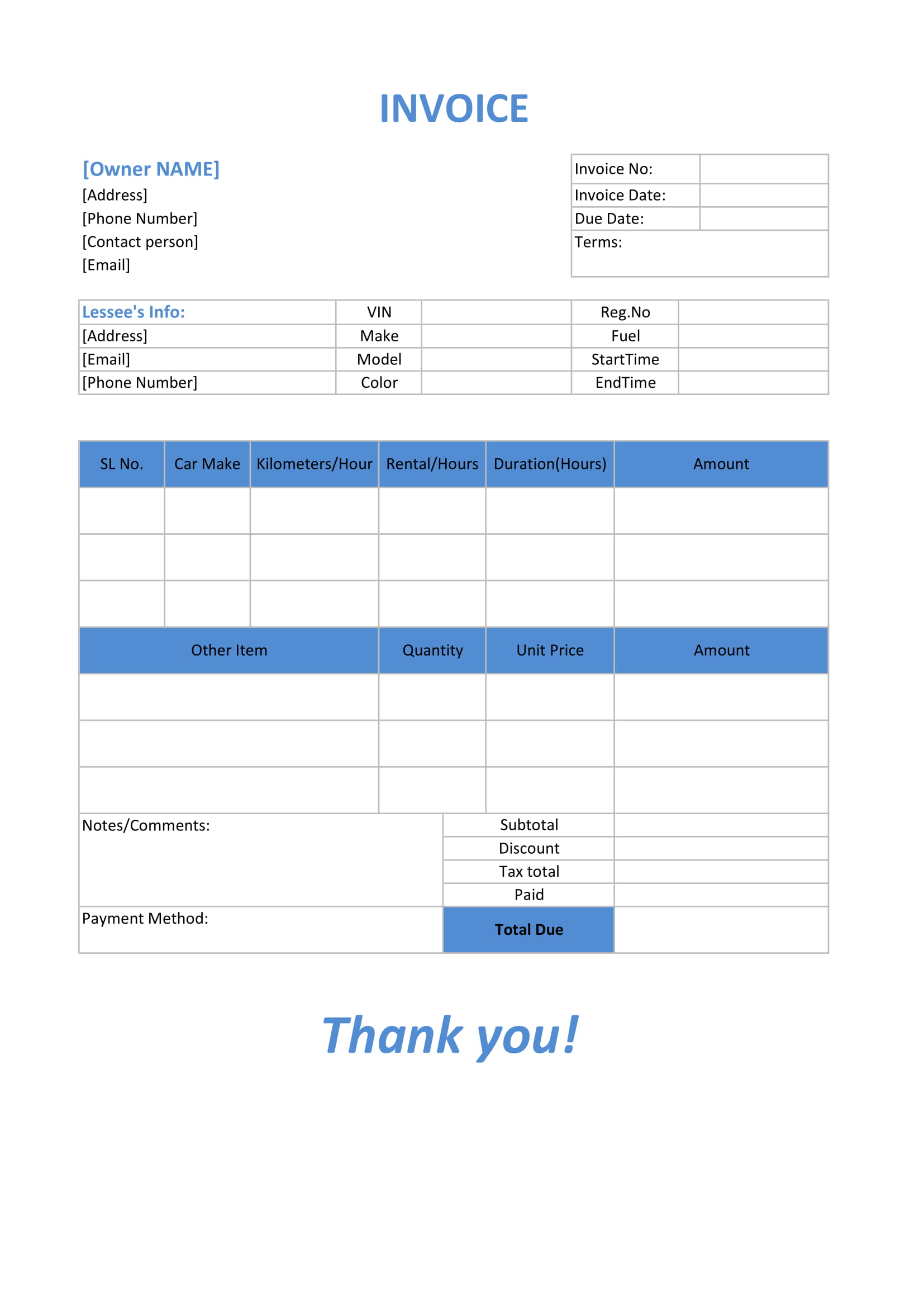 Free Car Rental Invoice Template Excel